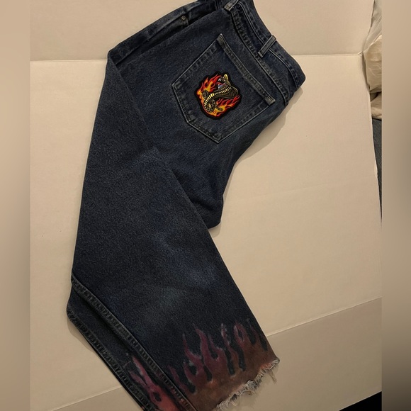 Wrangler | Jeans | Custom Fire Bottomed Jeans With Patch On Pocket Size ...